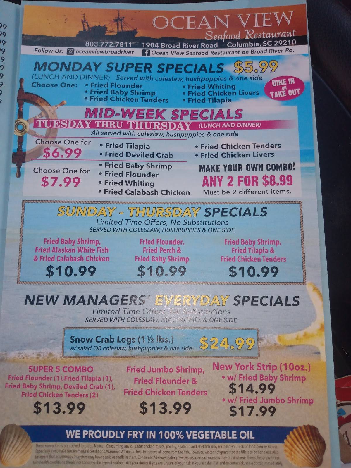 Menu at Ocean View Seafood Restaurant, Columbia, Broad River Rd