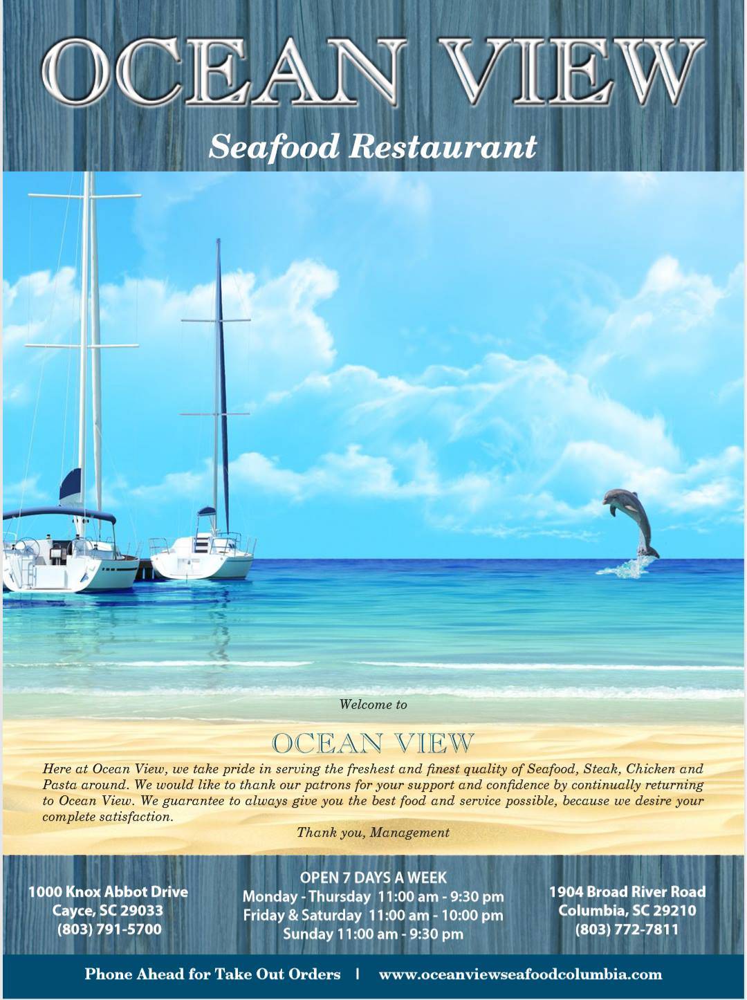 Menu at Ocean View Seafood Restaurant, Columbia, Broad River Rd
