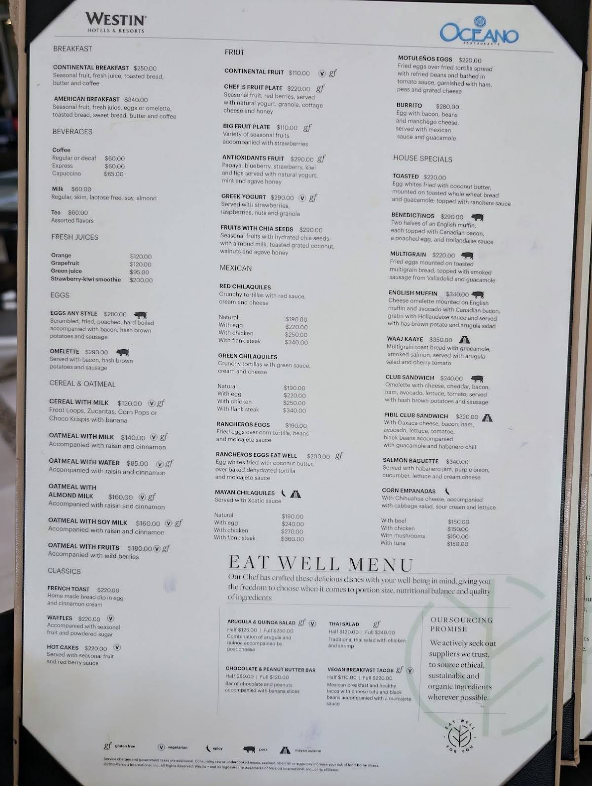 Menu at Oceano Restaurant, Cancún, El Rey