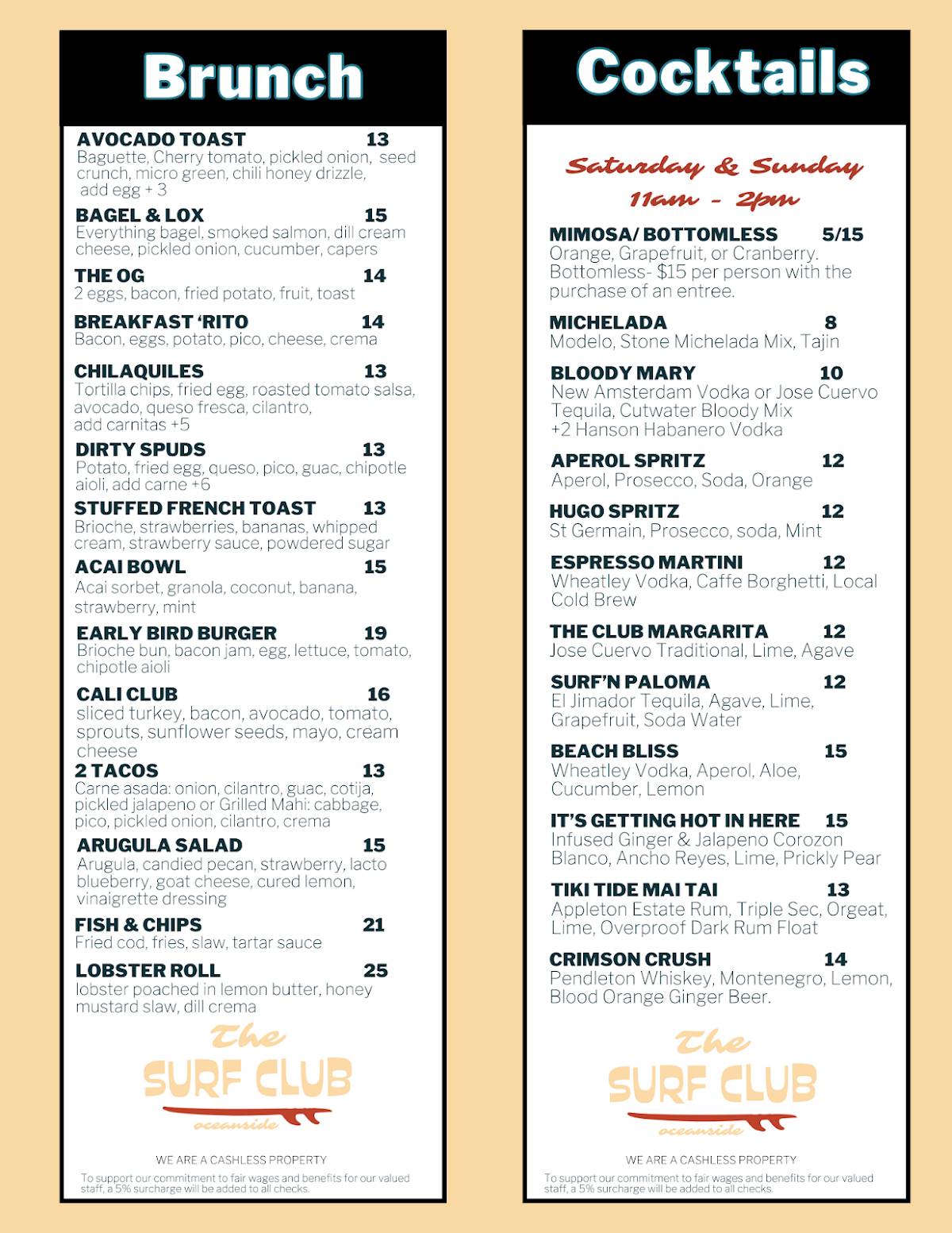 Menu at The Surf Club Oceanside, Oceanside