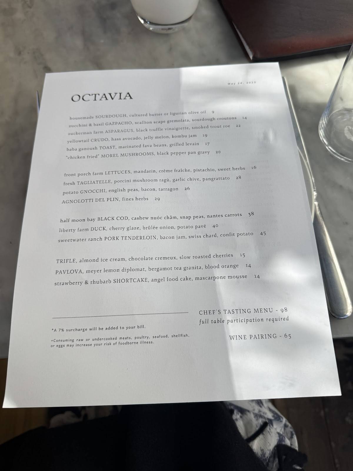 Menu at Octavia restaurant, San Francisco