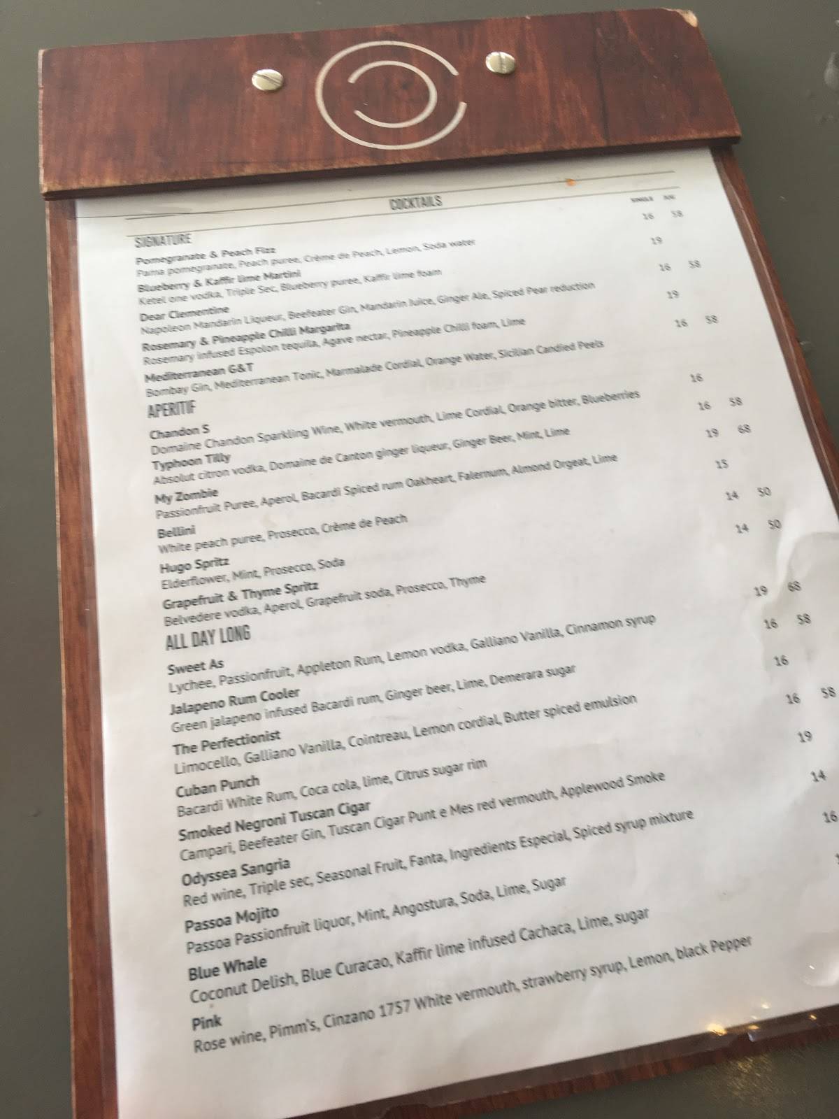 Menu at Odyssea restaurant, City Beach