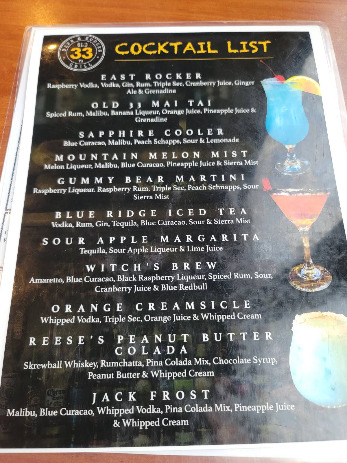 Menu at Old 33 Beer & Burger Grill, Inc. pub & bar, Elkton