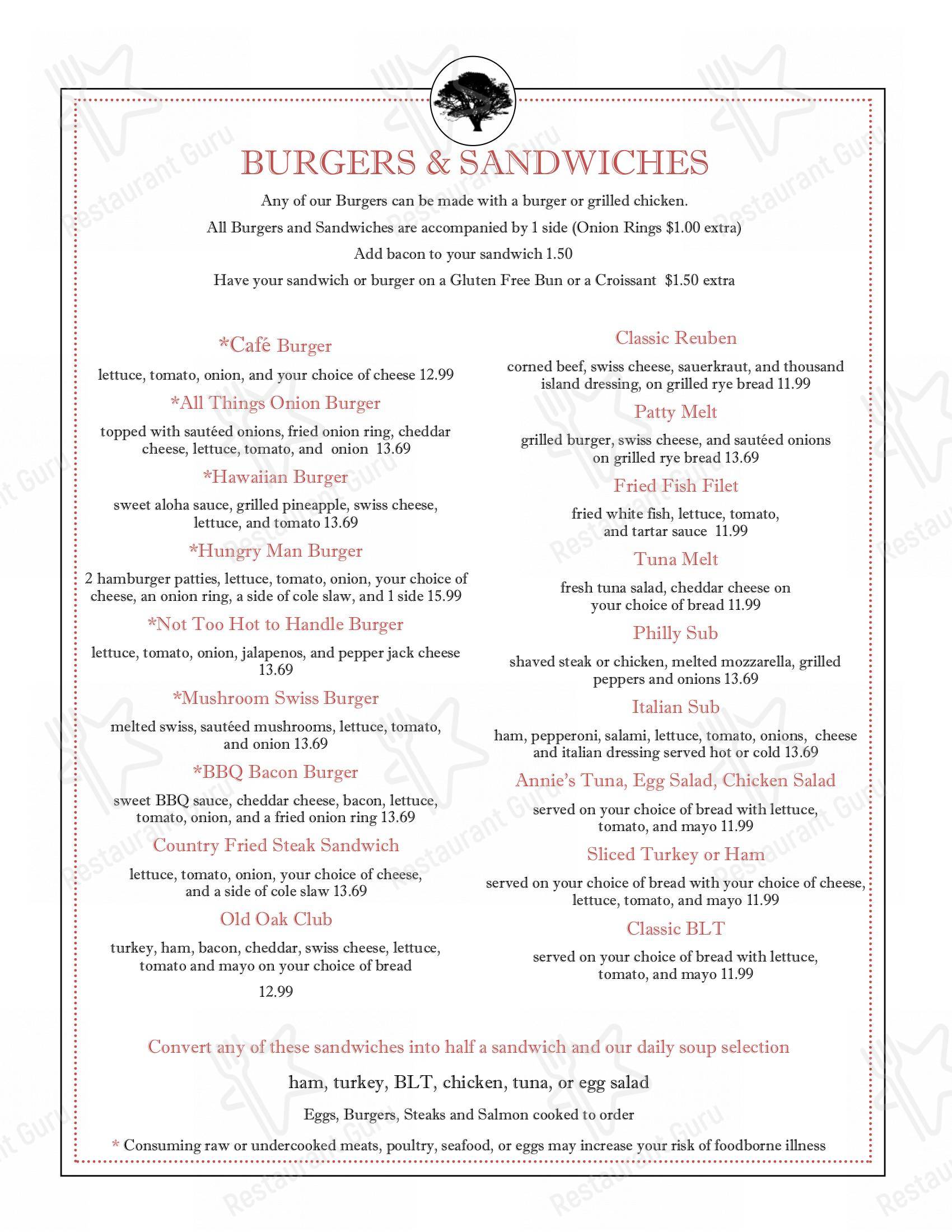 Menu at Old Oak Cafe, Westlake Corner