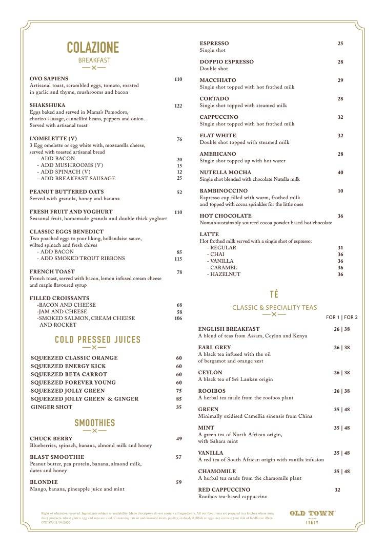 Menu at Old Town Italy Constantia restaurant, Cape Town, Shop 12