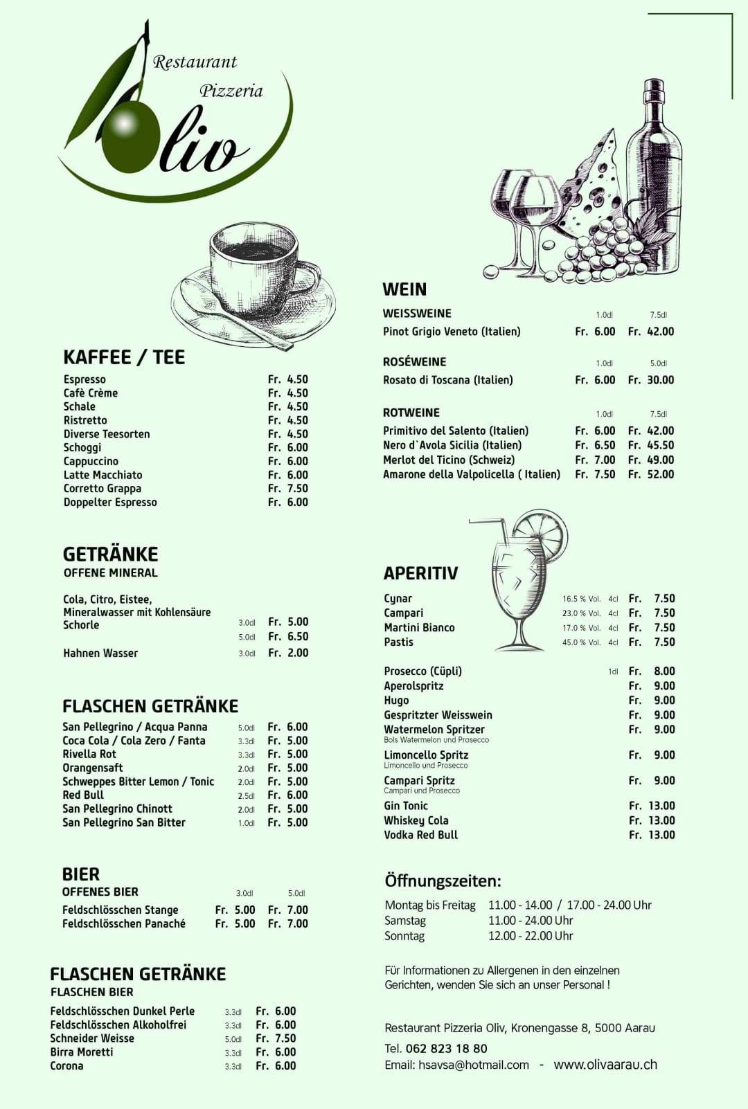 Speisekarte von Oliv, Aarau