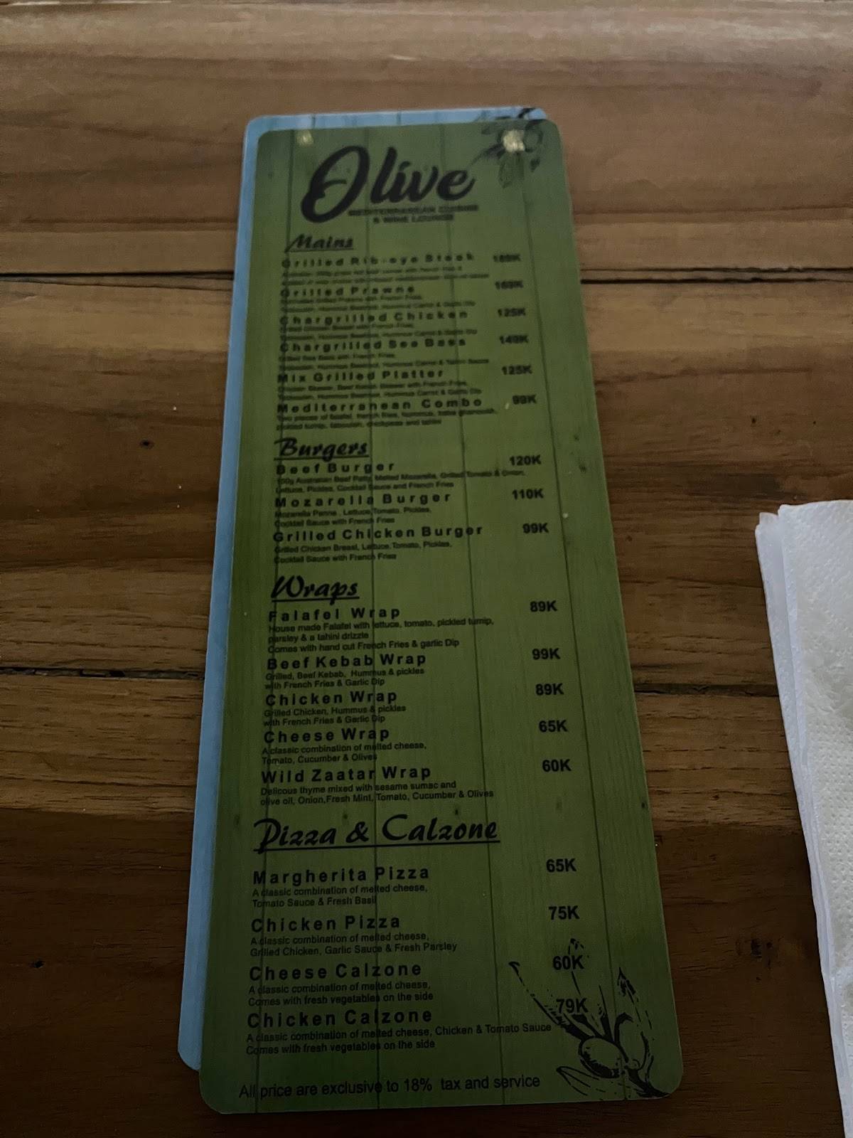 Menu at Olive Mediterranean Cuisine restaurant, Ubud