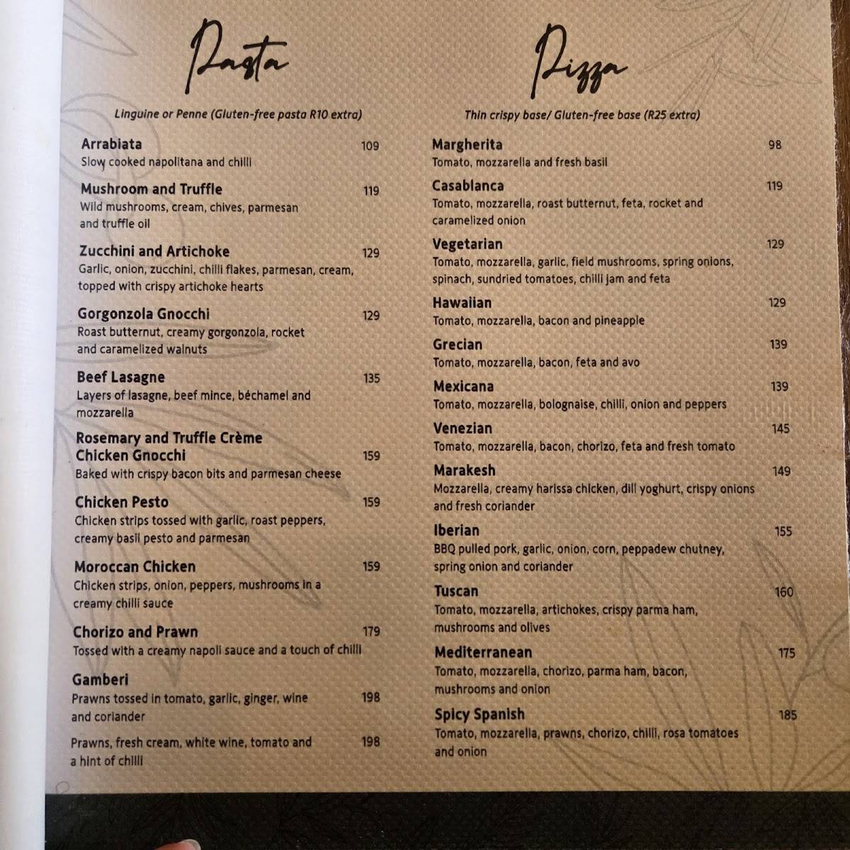 Menu at Olive & Oil restaurant, Durban, Oceans Mall