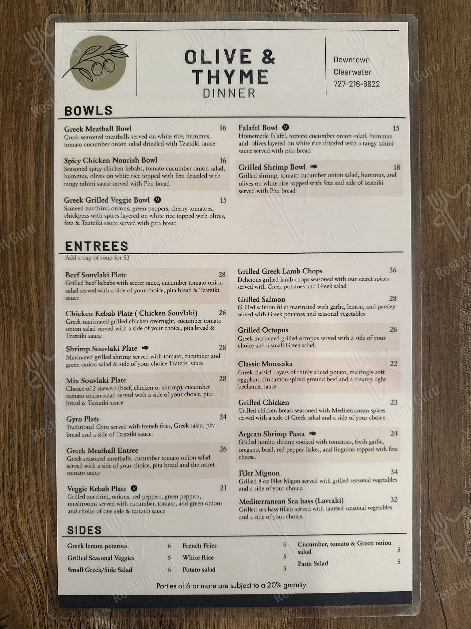 Menu at Olive and Thyme restaurant, Clearwater