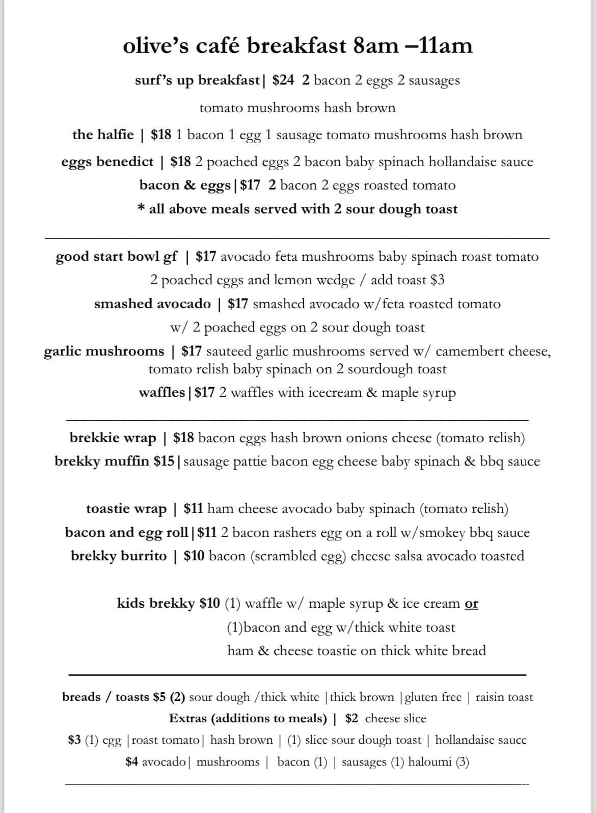Menu at Olive's cafe, Bellambi
