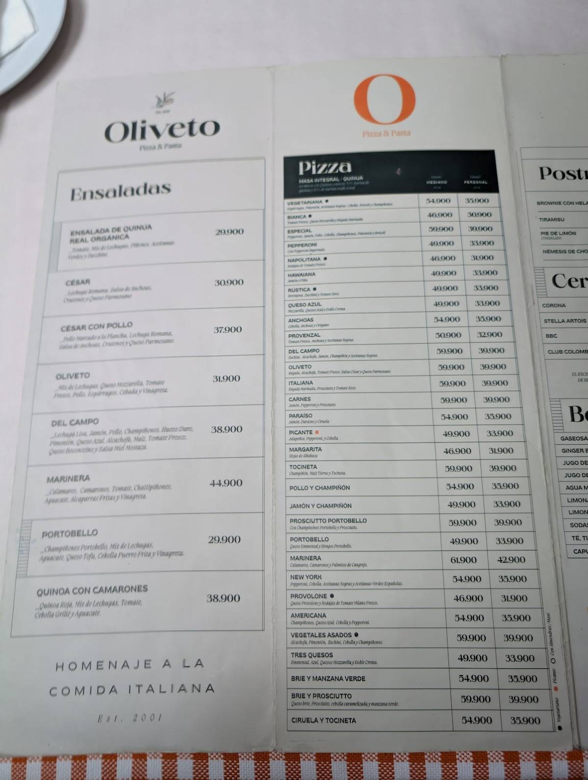Carta del restaurante Oliveto Pizza & Pasta Parkway, Bogotá, Cl. 41 #22-32