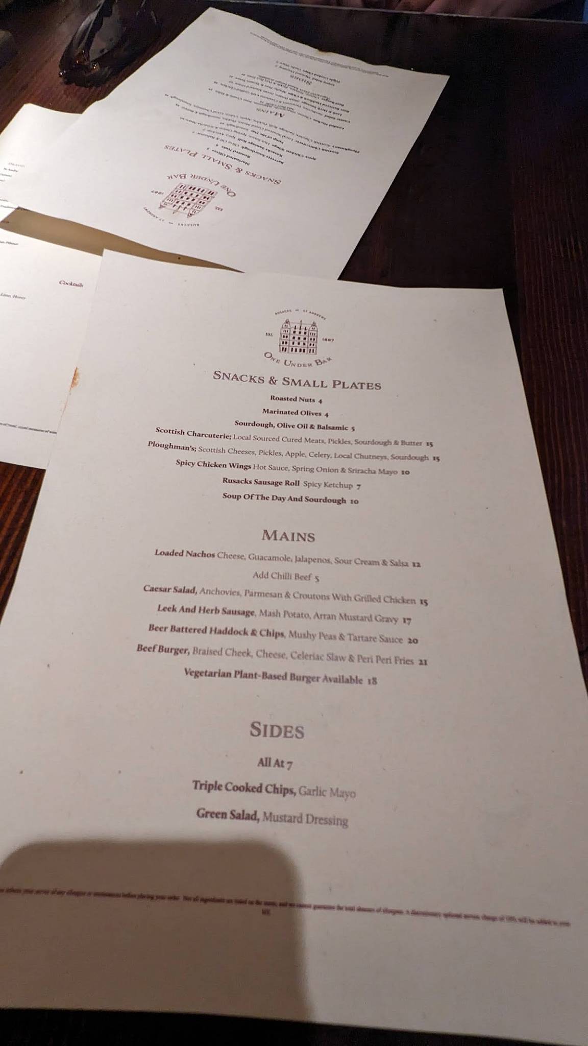 Menu at One Under Bar, Saint Andrews