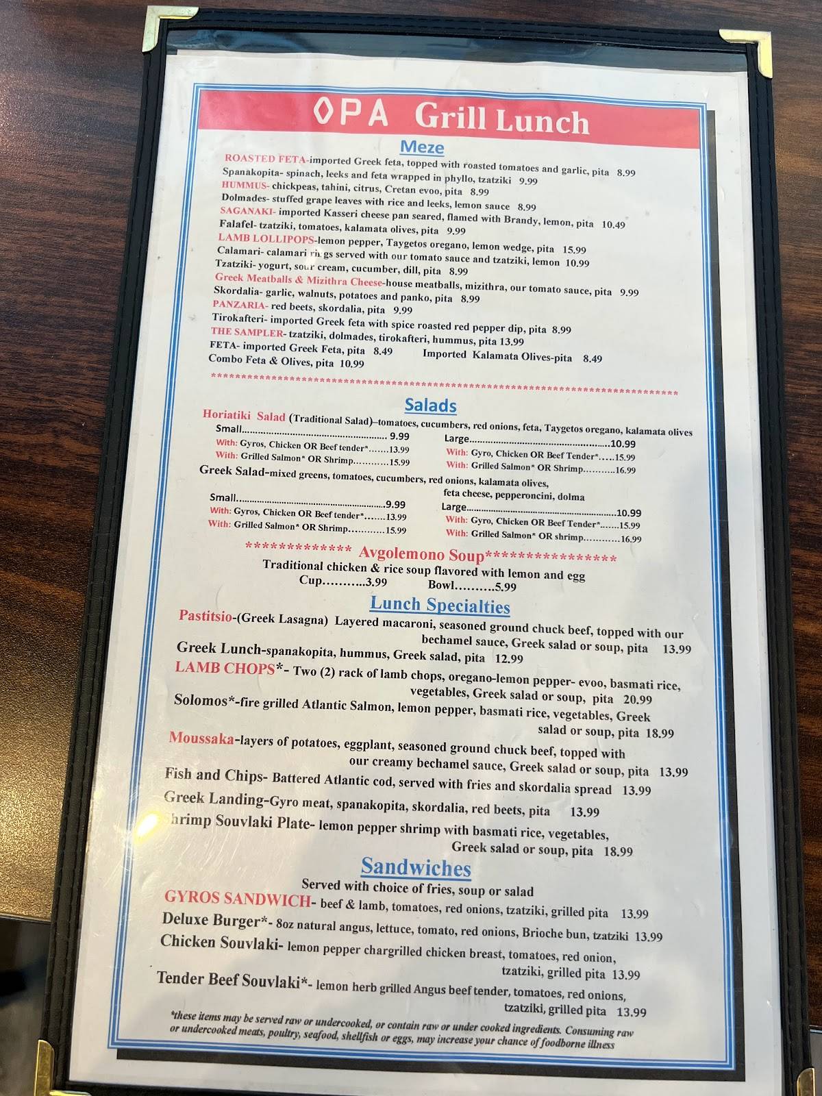 Menu at Opa Grill restaurant, Parker