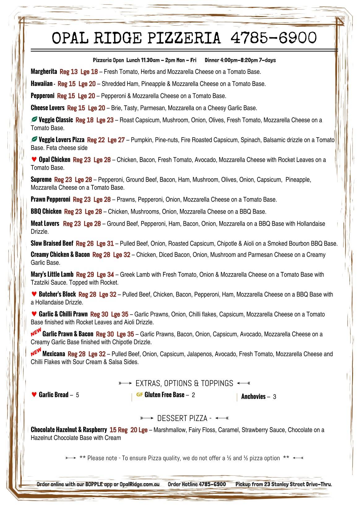 Menu at Opal Ridge Motel pub & bar, Collinsville