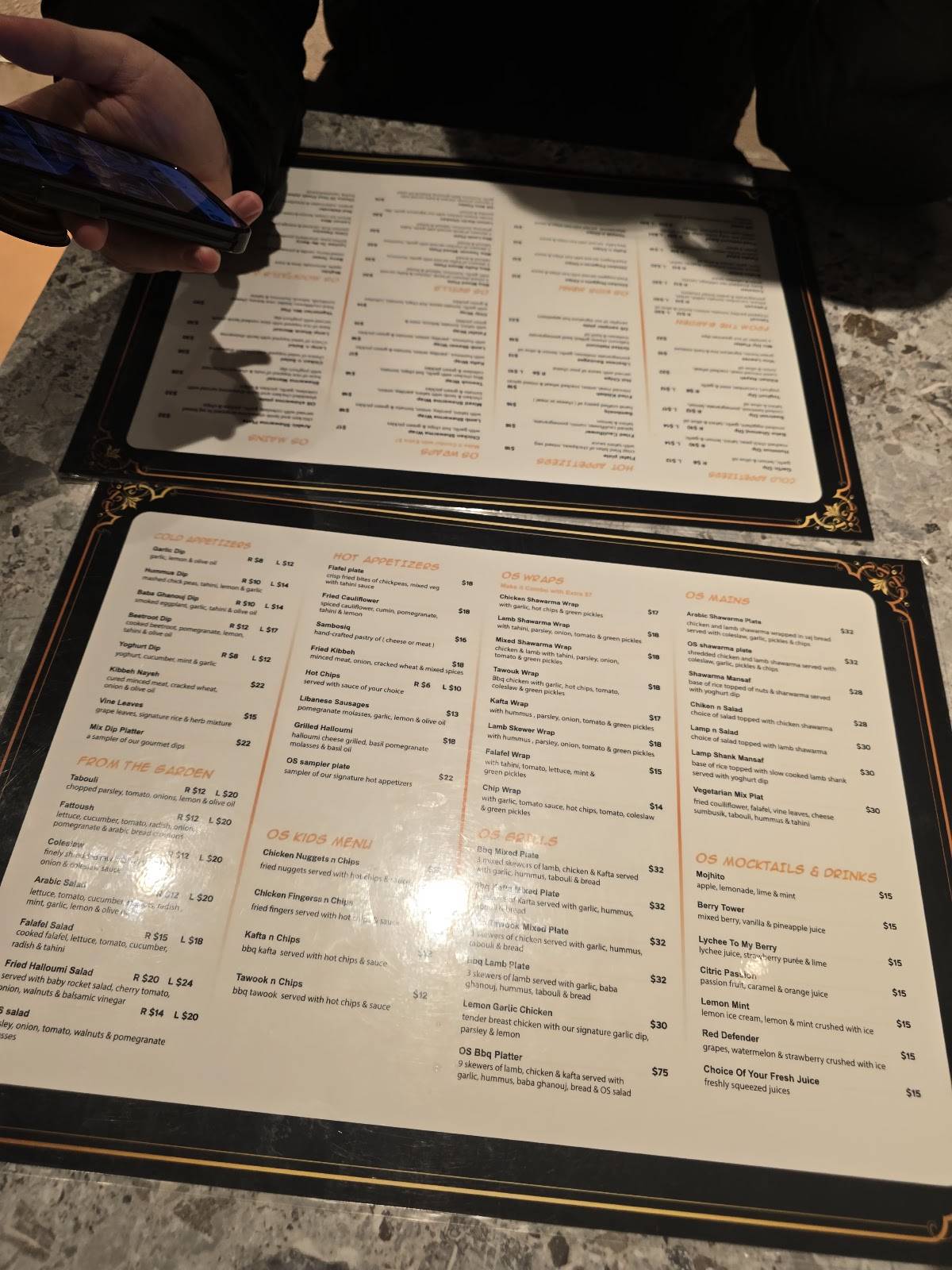 Menu at Open Sesame Sydney restaurant, Sydney
