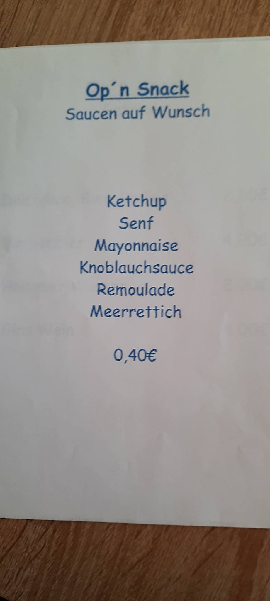 Speisekarte von Op'n Snack, Heike Schmitt pub & Bar, Nordstrand