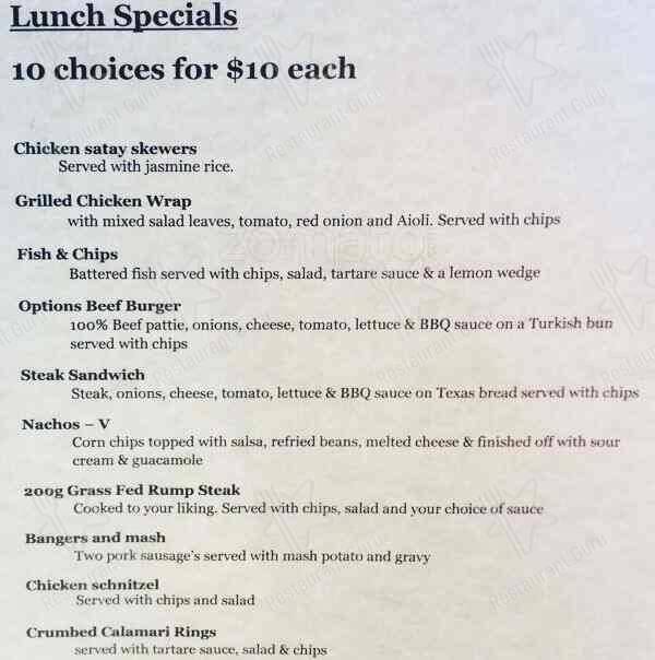 Menu at Options Tavern restaurant, Helensvale