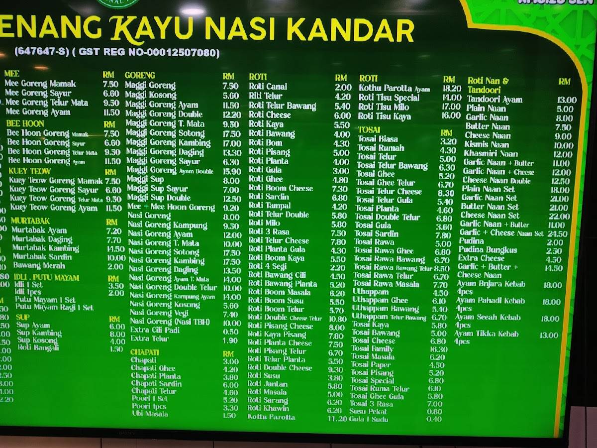 Menu at Original Penang Kayu Nasi Kandar restaurant, Bayan Lepas