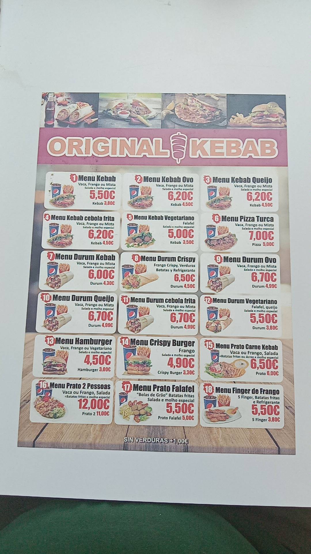 Menu at Original kebab restaurant, Rio Tinto