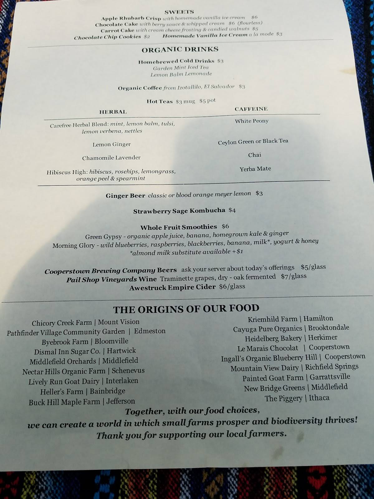 Menu at Origins Cafe, Cooperstown