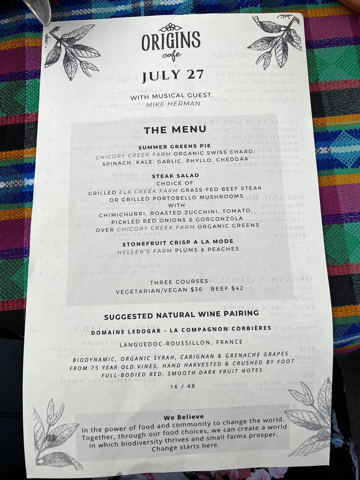 Menu at Origins Cafe, Cooperstown