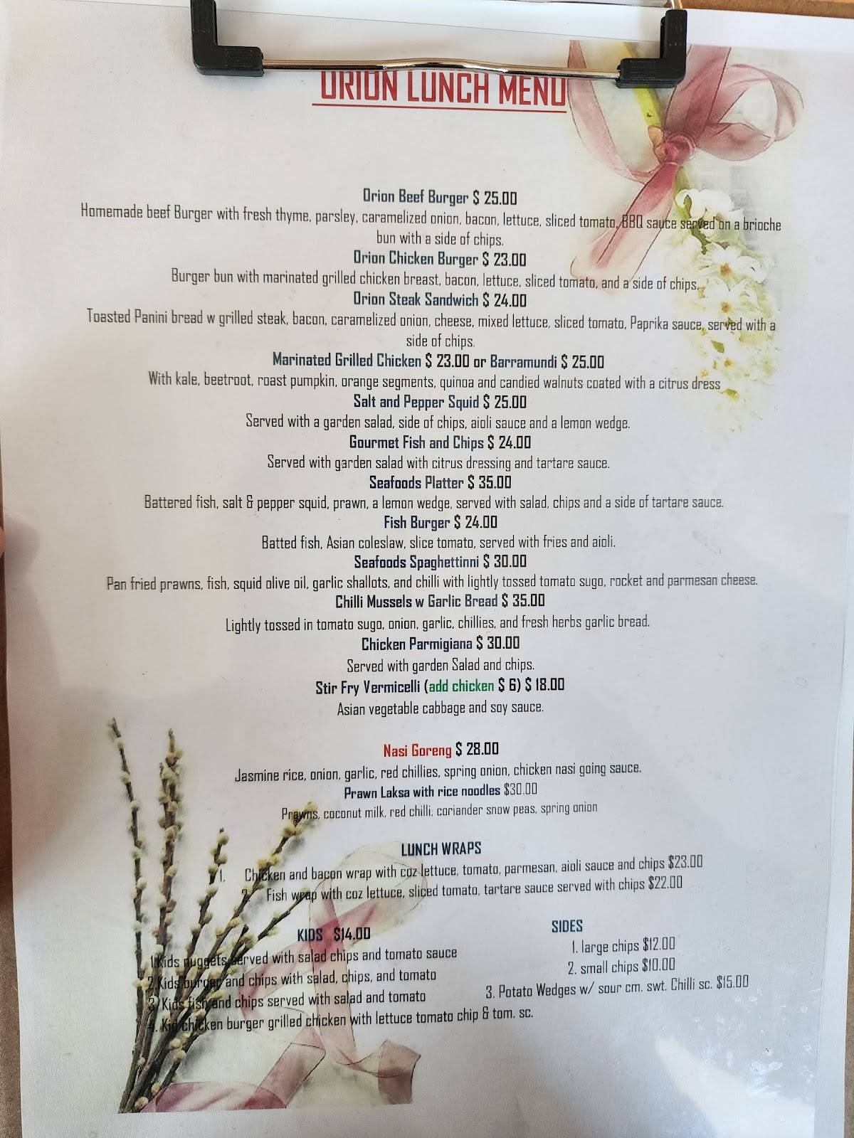 Menu at Orion Cafe, Yanchep