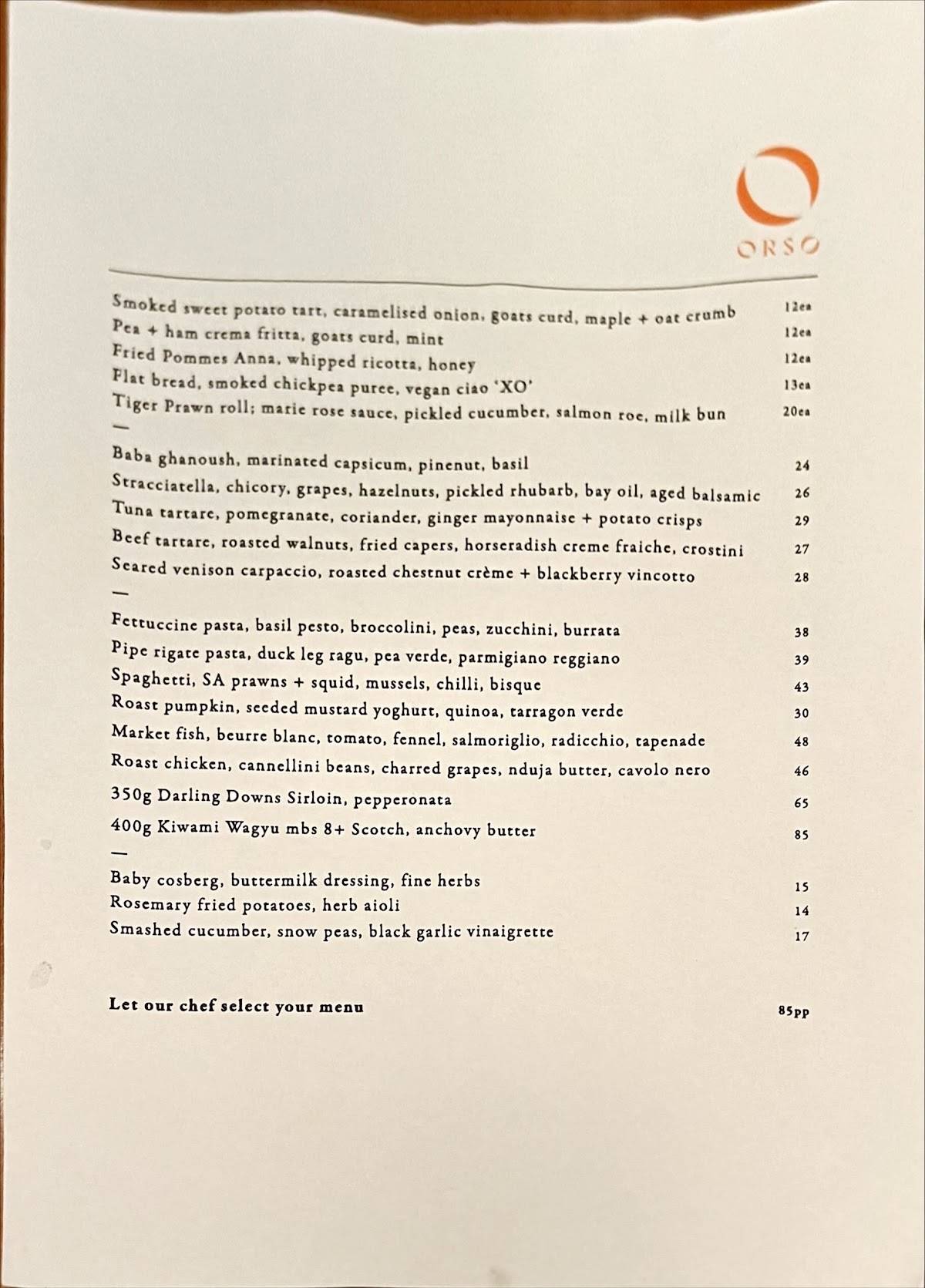 Menu at Orso restaurant, Rose Park