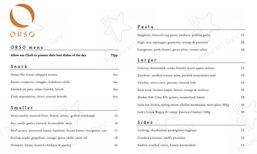 Menu at Orso restaurant, Rose Park