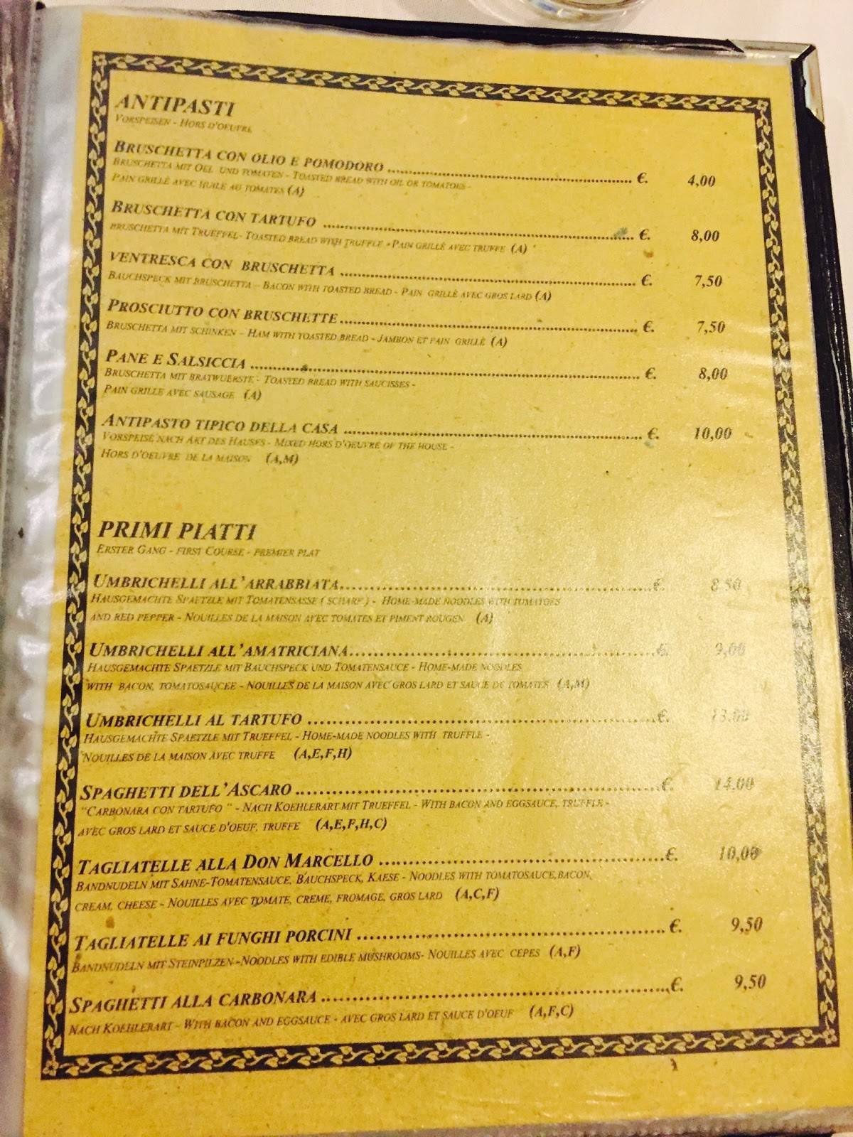 Menu at Trattoria la Palomba restaurant, Orvieto