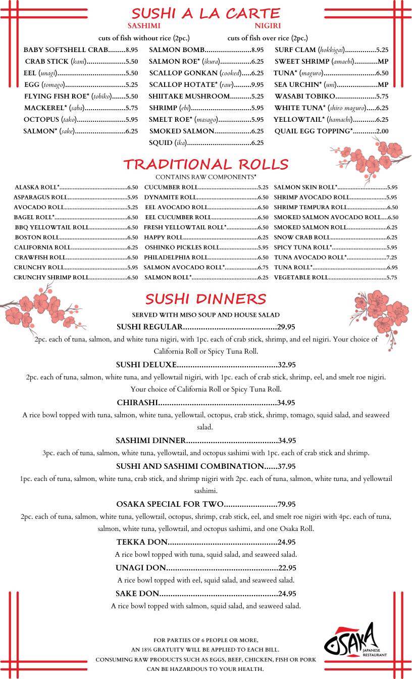 Menu at Osaka Japanese Restaurant, Flowood, 121 Market St