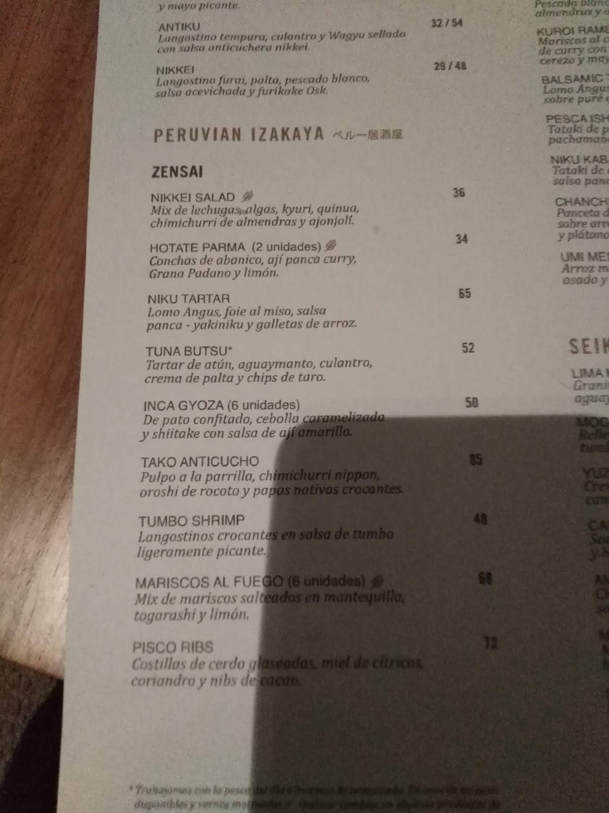 Carta del restaurante Osaka, San Isidro, Felipe