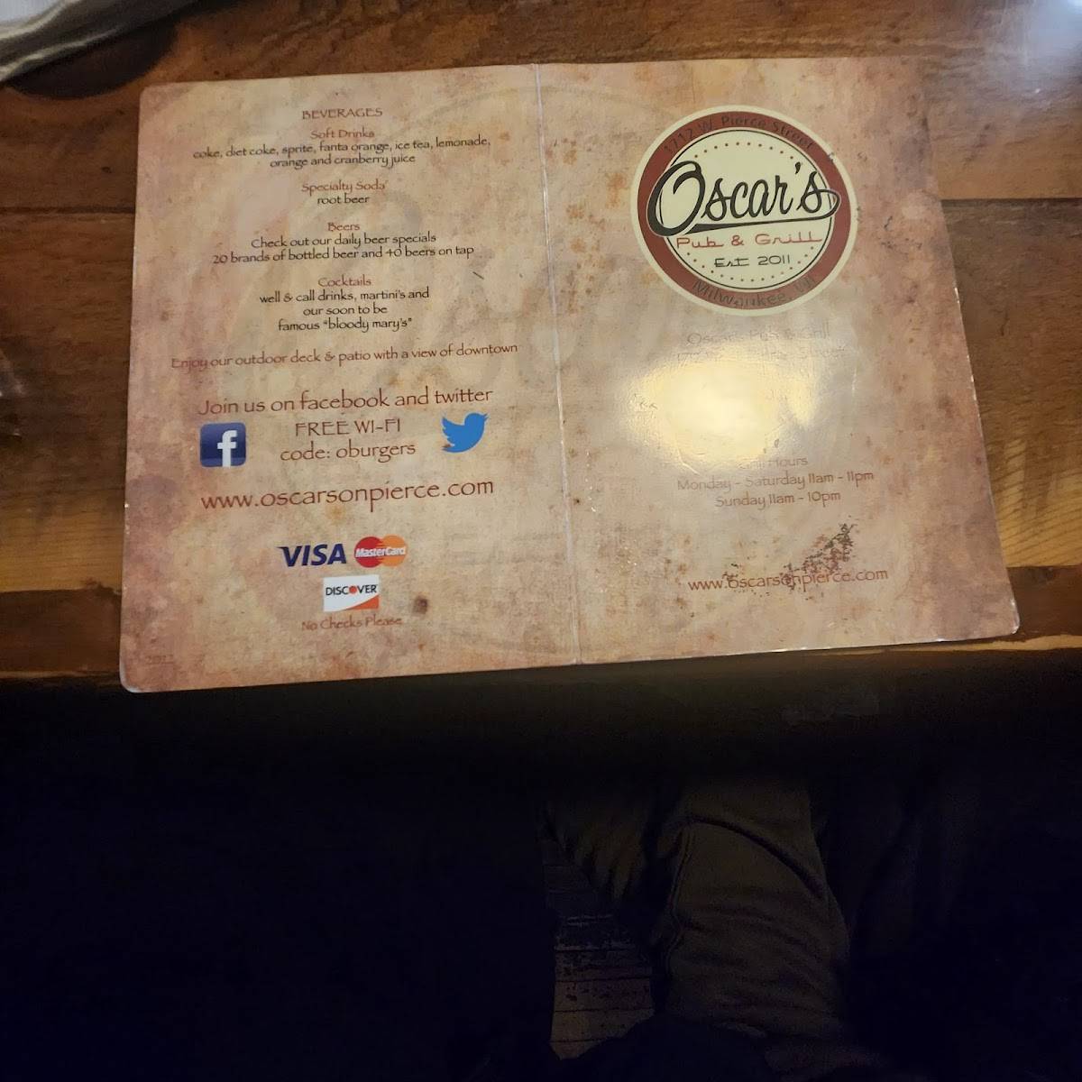 Menu at Oscar's Pub & Grill, Milwaukee