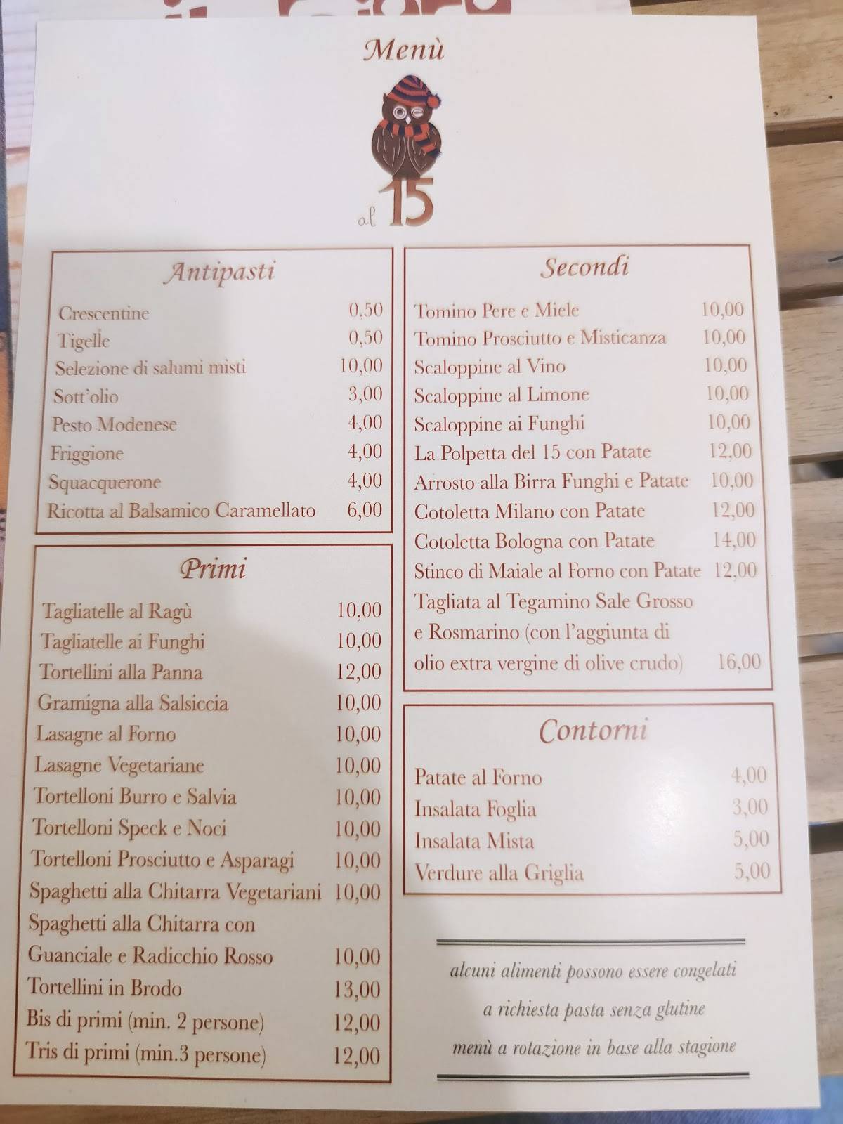 Speisekarte von Osteria Al 15 restaurant, Bologna