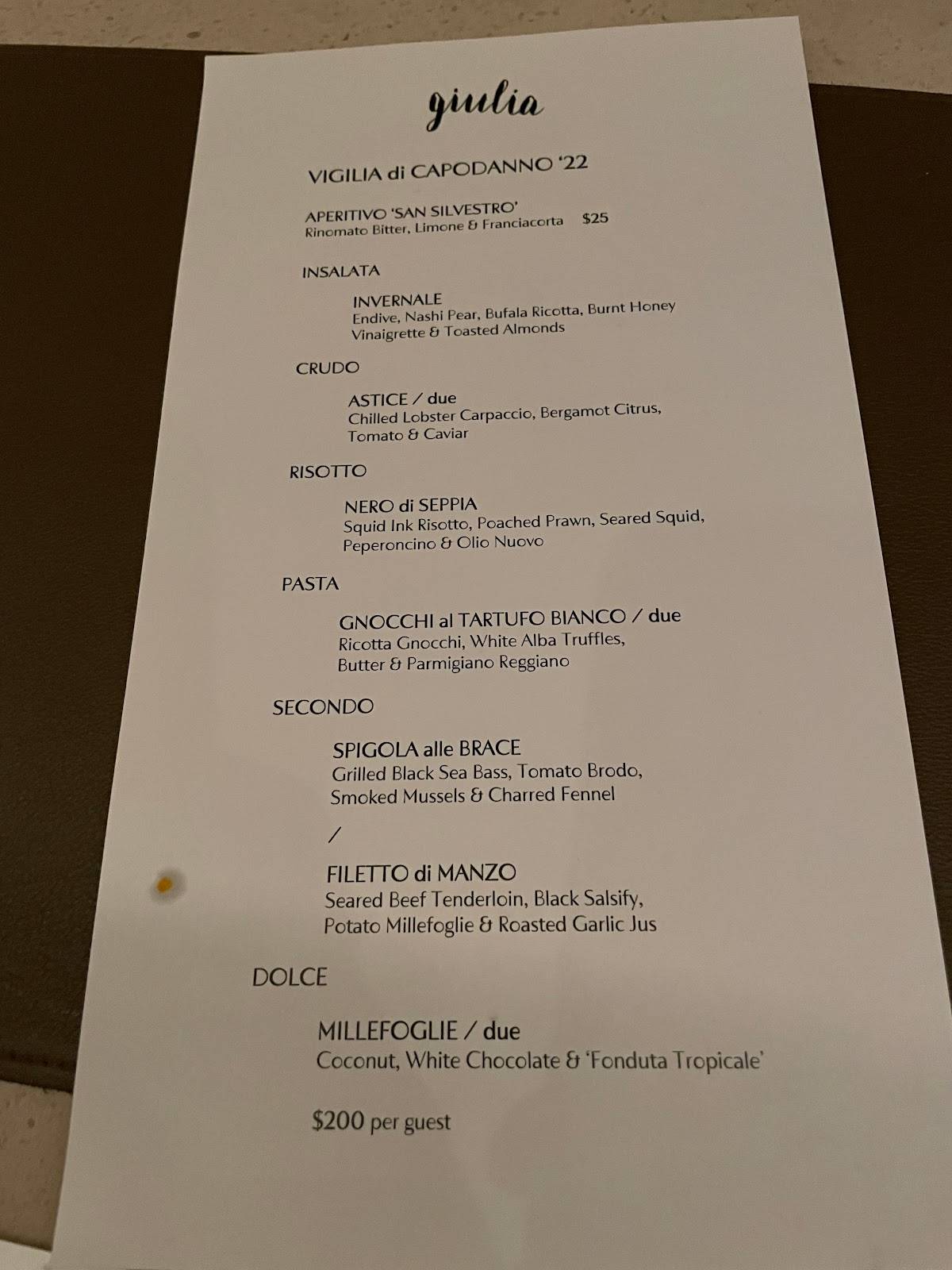Menu at Osteria Giulia restaurant, Toronto, 134 Avenue Rd