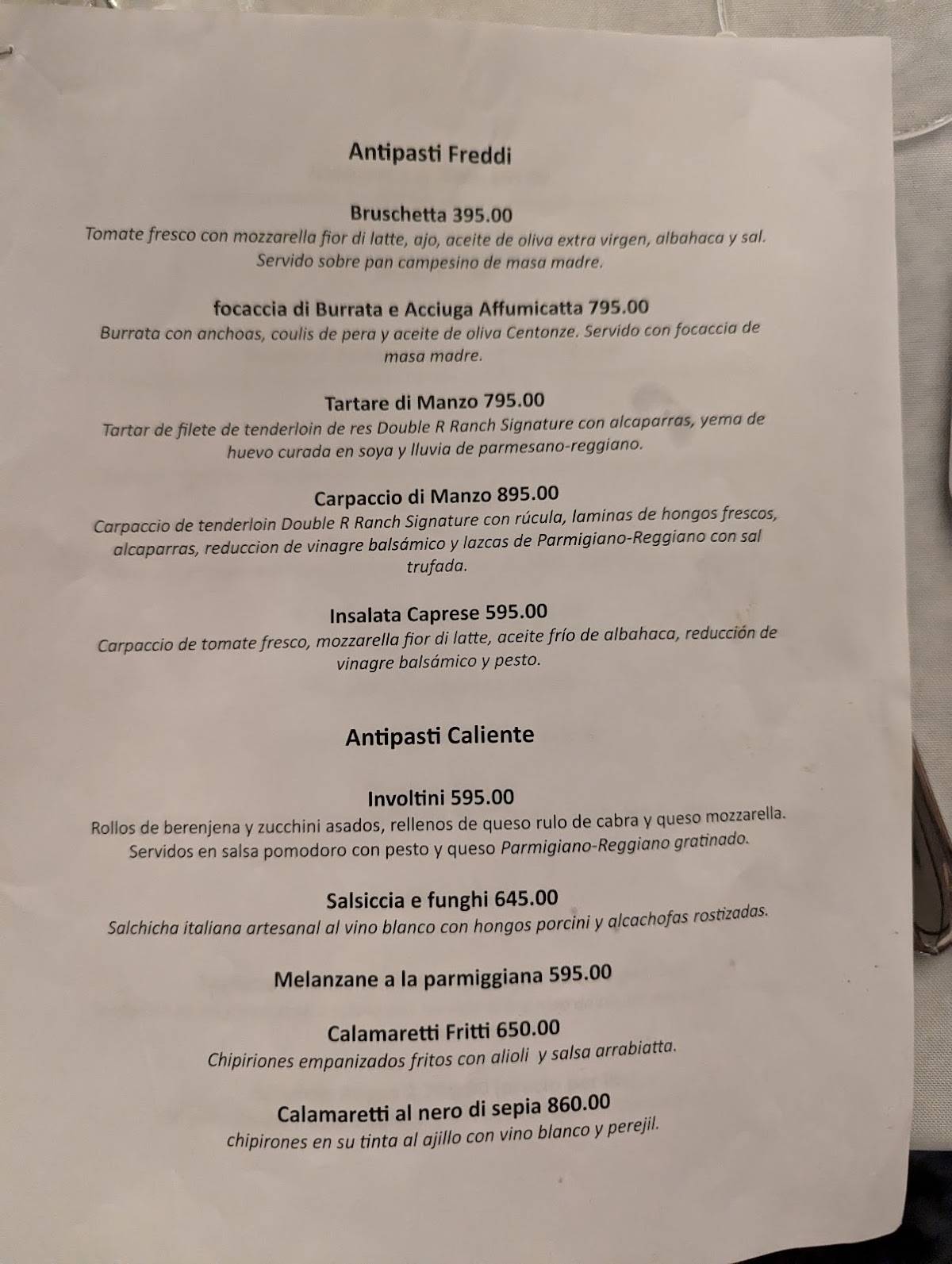 Menu at Ostería Nonna Nadia restaurant, Santo Domingo