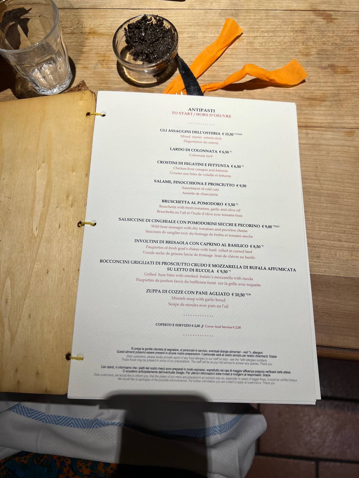Menu at Osteria Santo Spirito restaurant, Florence, Piazza Santo Spirito