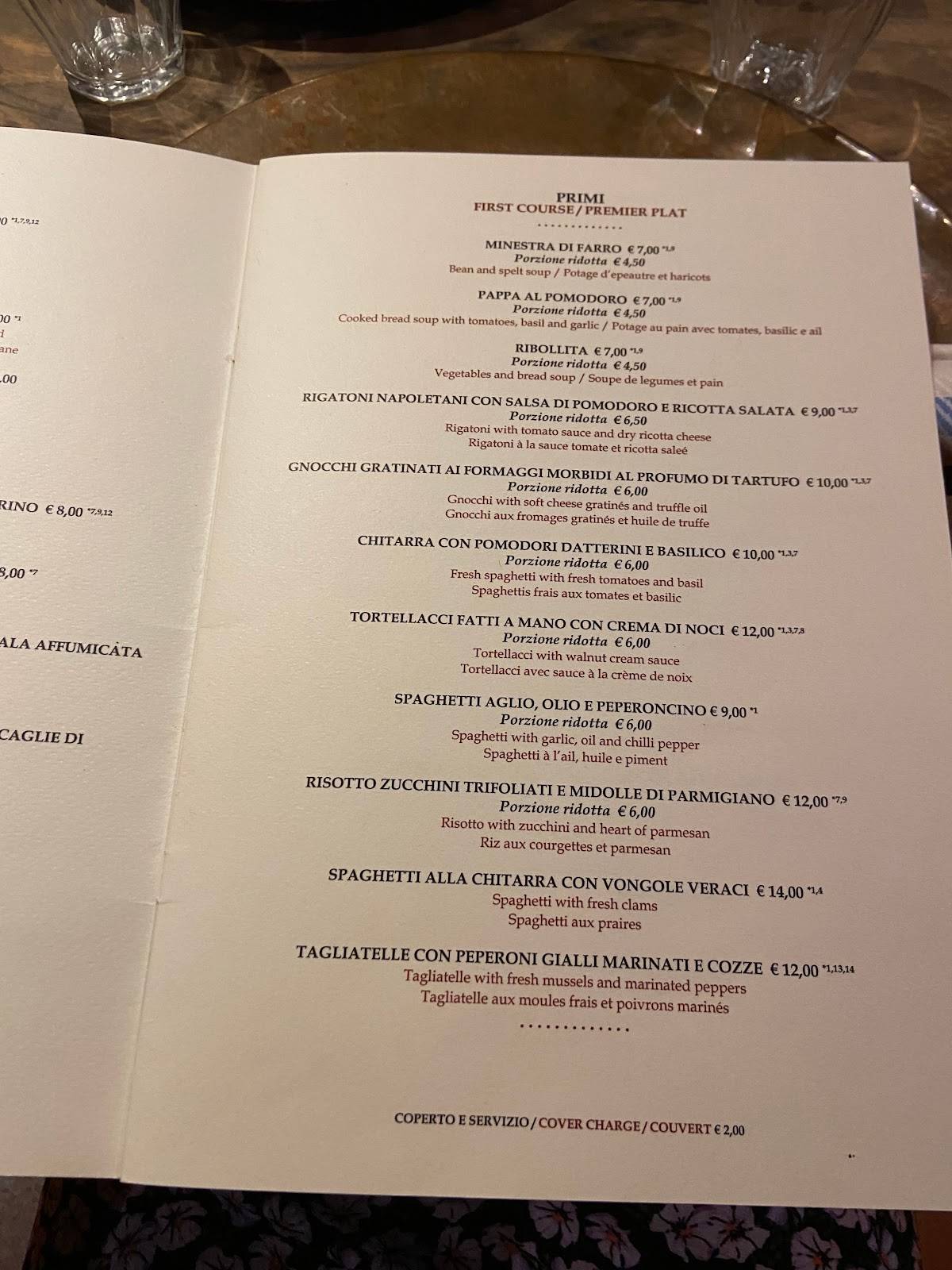 Menu at Osteria Santo Spirito restaurant, Florence, Piazza Santo Spirito