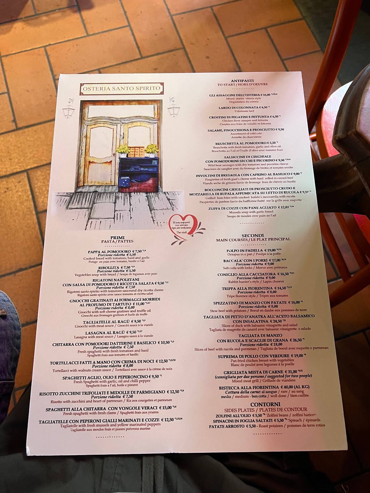 Menu at Osteria Santo Spirito restaurant, Florence, Piazza Santo Spirito