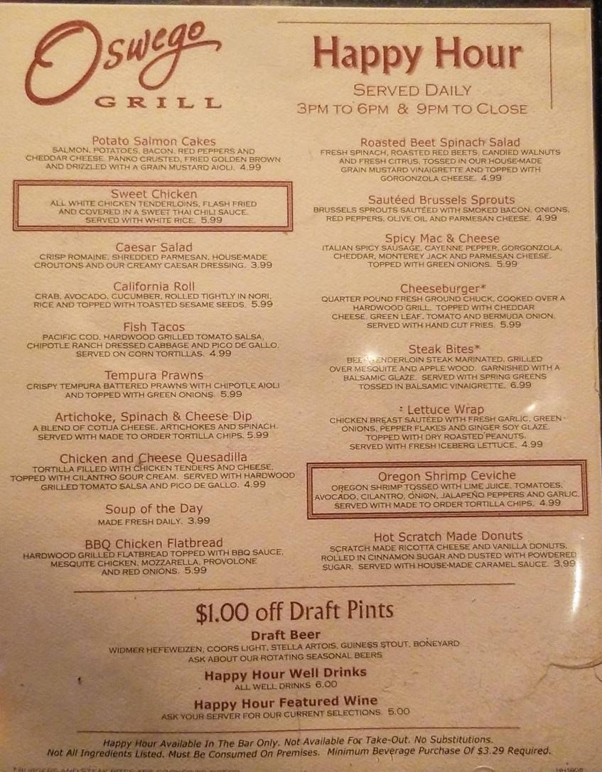 Menu at Oswego Grill- Wilsonville pub & bar, Wilsonville