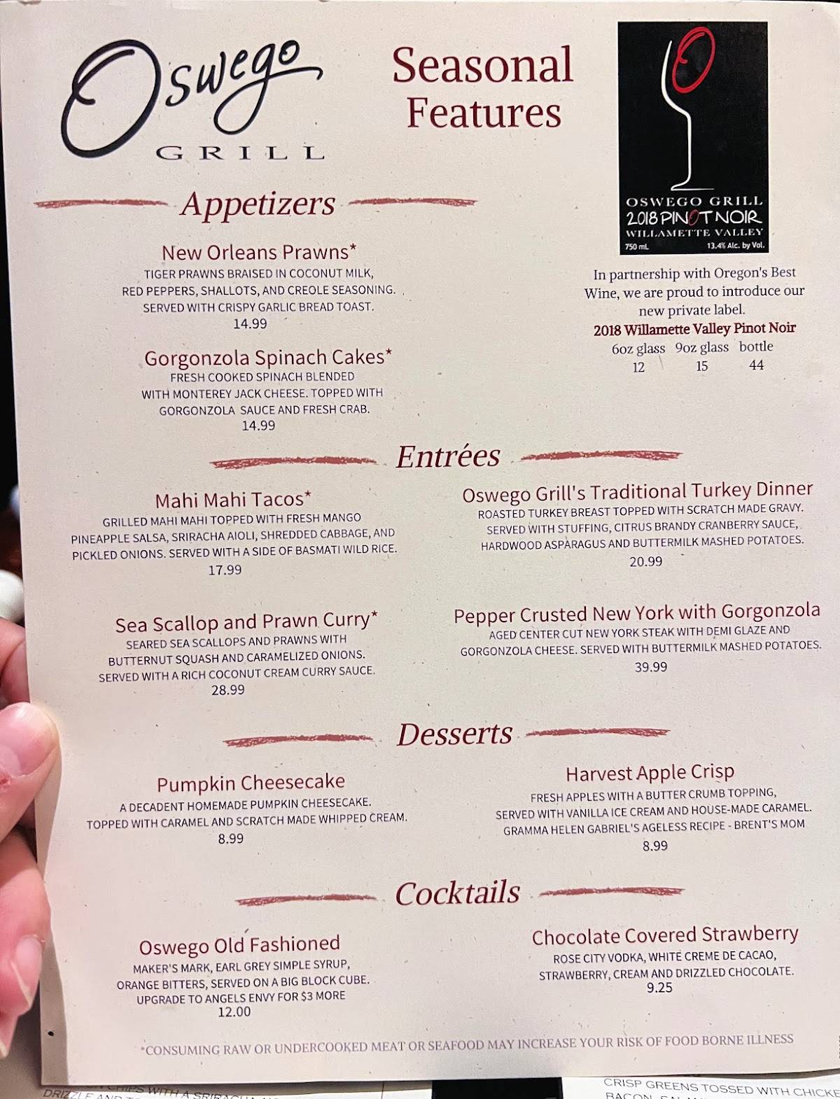Menu at Oswego Grill- Wilsonville pub & bar, Wilsonville