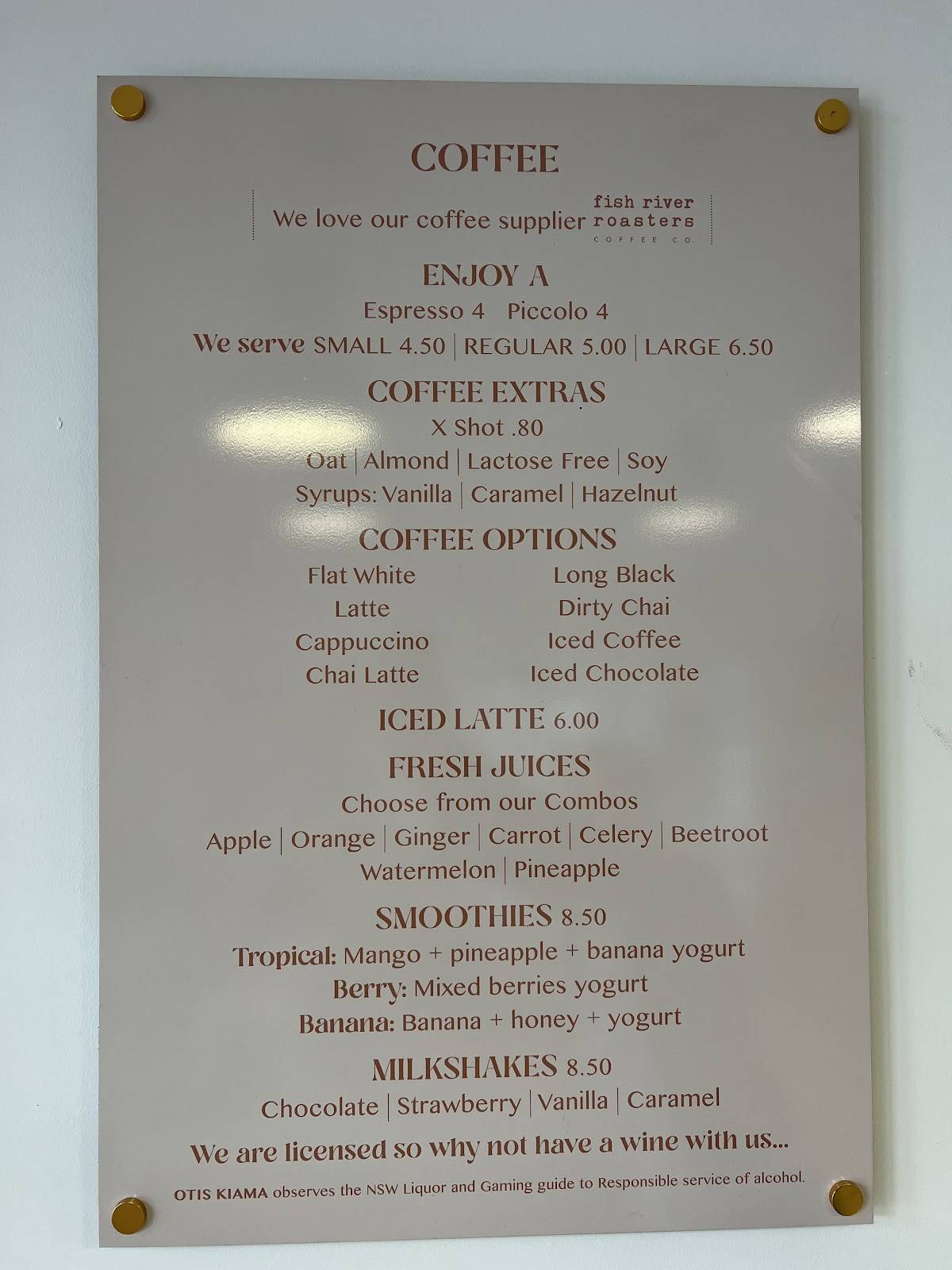 Menu at Otis cafe, Kiama