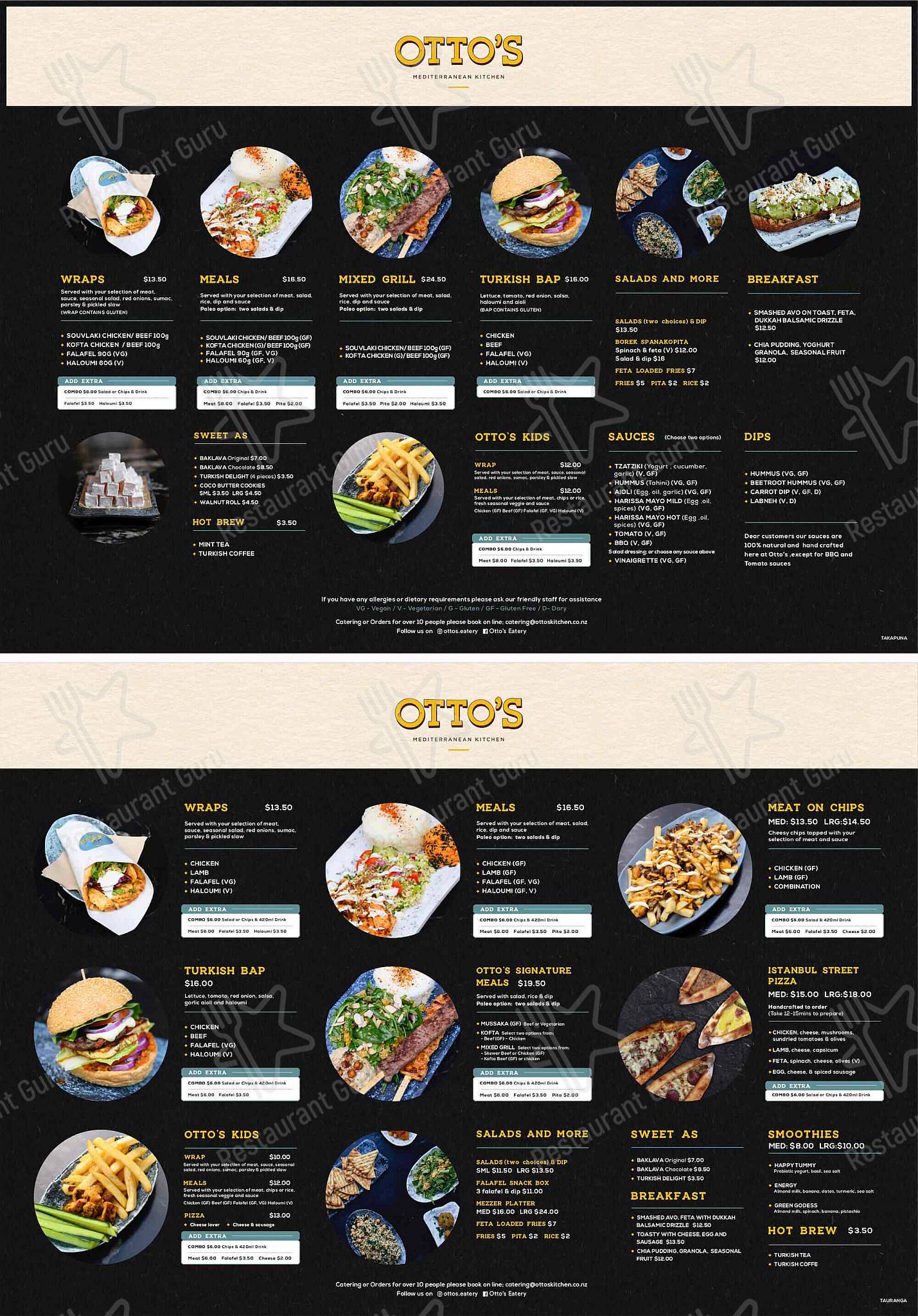 Menu at Otto’s Mediterranean Kitchen restaurant, Auckland