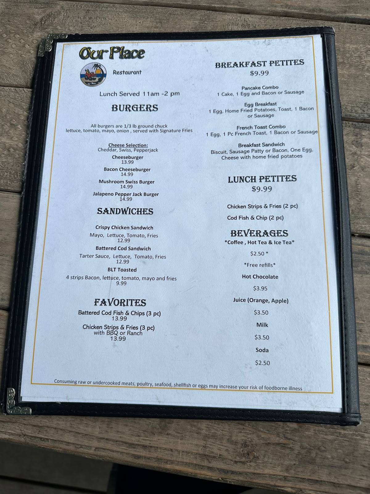 Menu at Our Place Restaurant, Ocean Shores