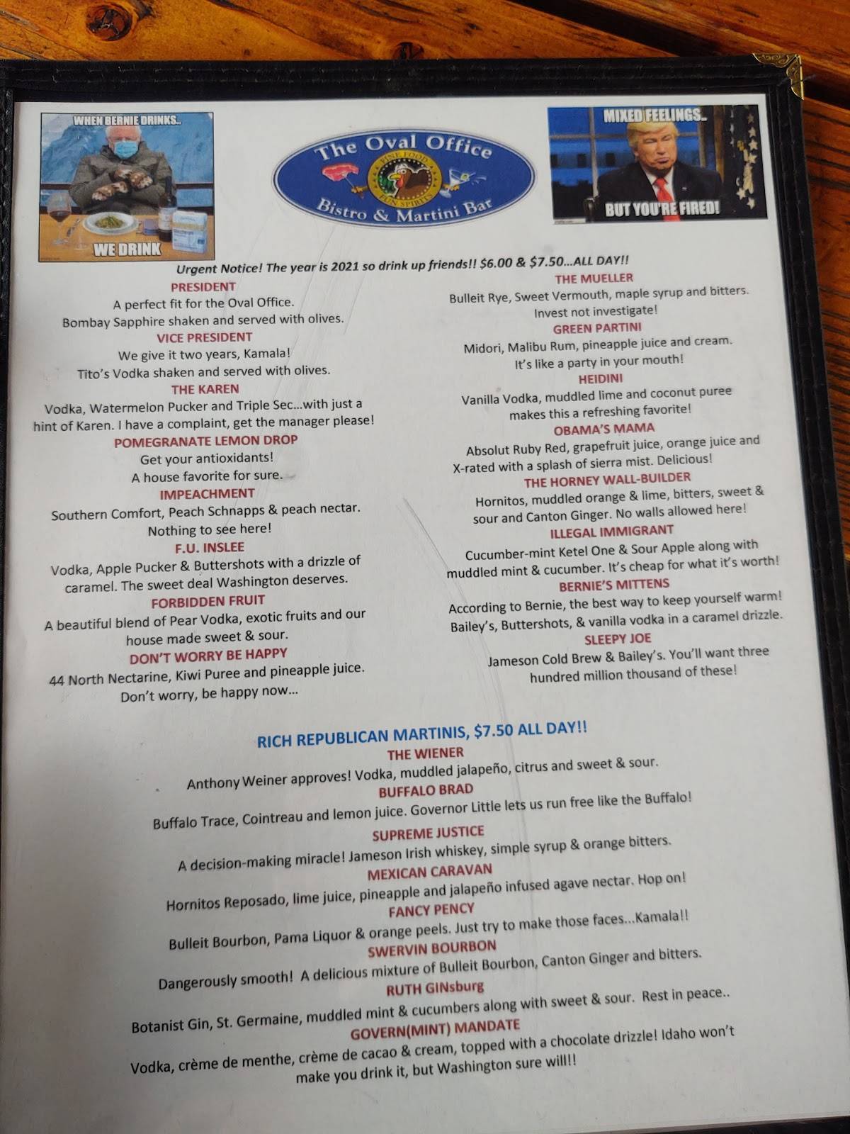 Menu at Oval Office pub & bar, Post Falls