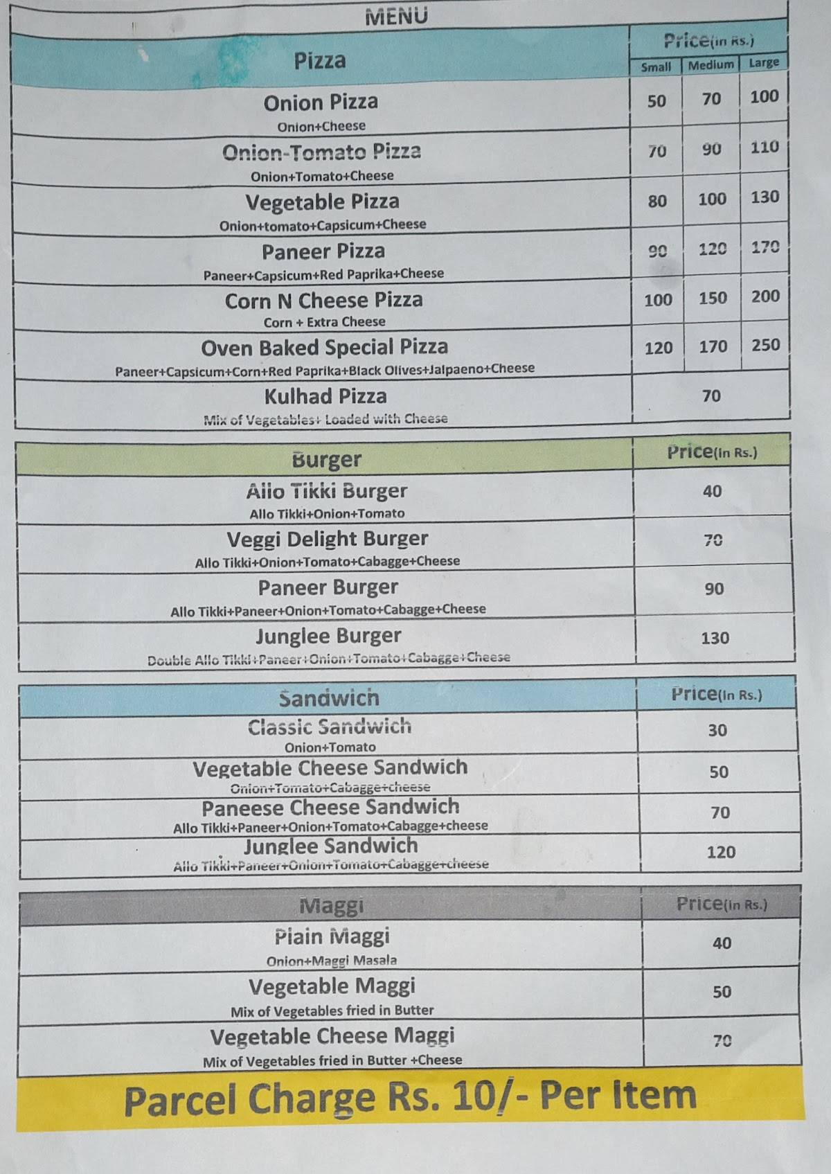 Menu at Oven Baked, Mughal Sarai