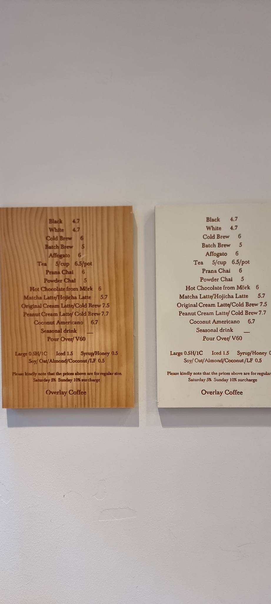 Menu at Overlay Coffee cafe, Melbourne