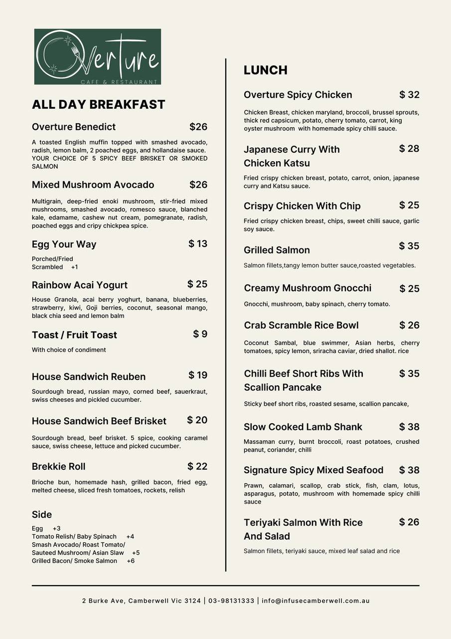 Menu at Overture Cafe & Restaurant, Hawthorn East