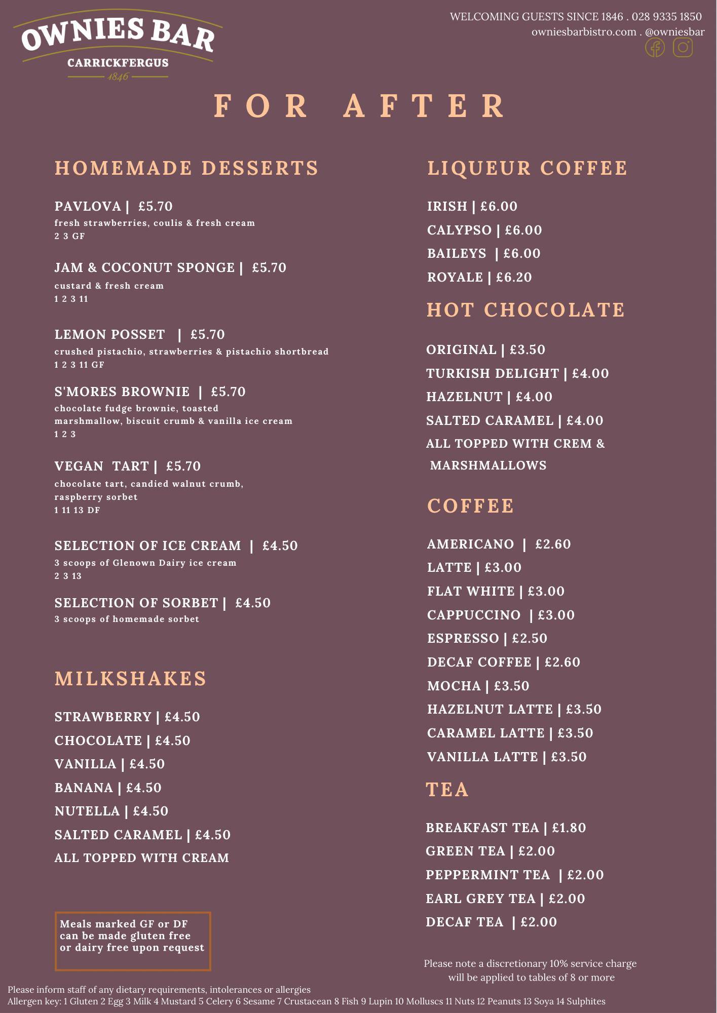 Menu at Ownies Bar and Bistro, Carrickfergus