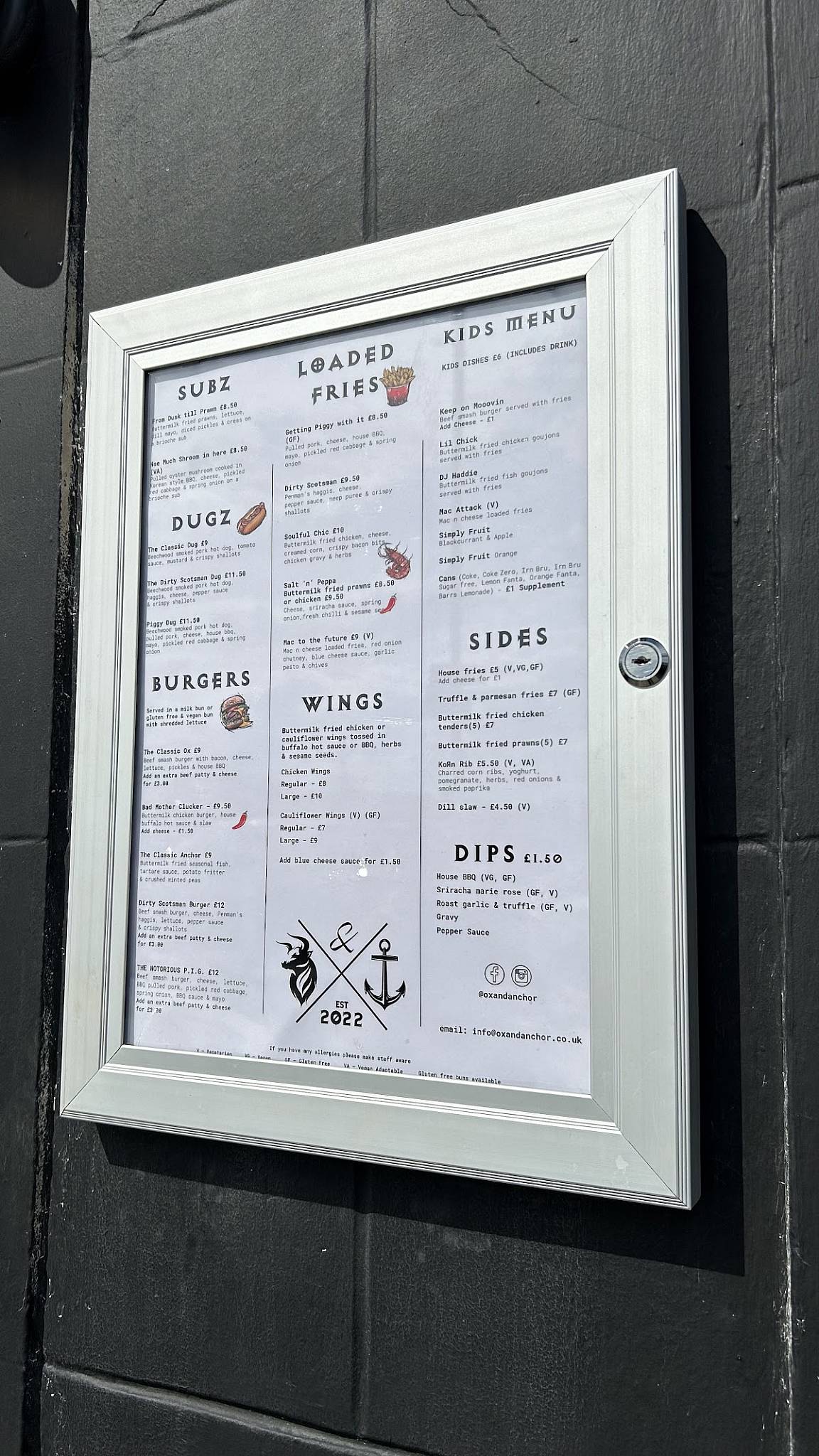 Menu at Ox and Anchor restaurant, Anstruther