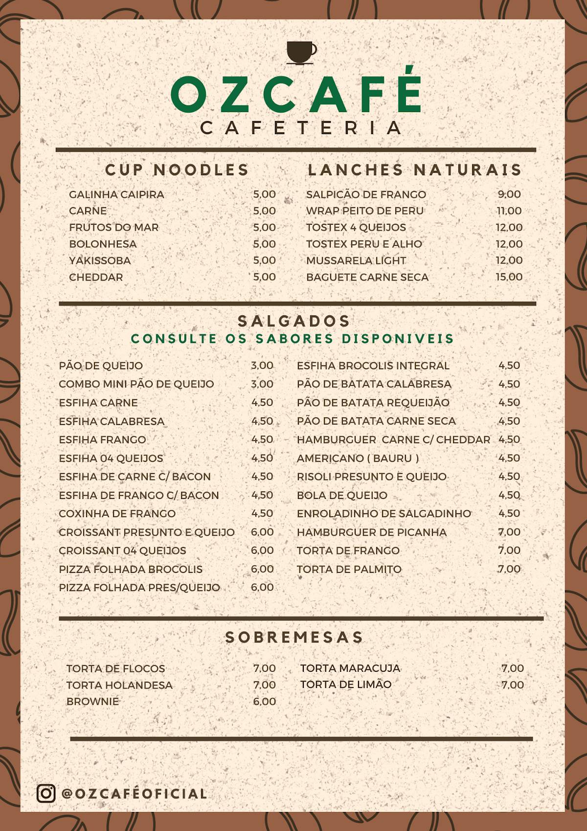 Menu em Oz Café, Osasco